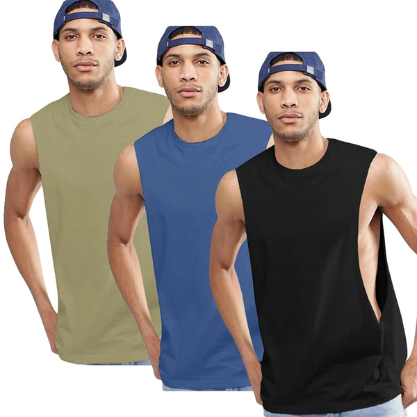 Men's Fitness Sleeveless Vest With Extreme Dropped Armhole Crew Neck ...