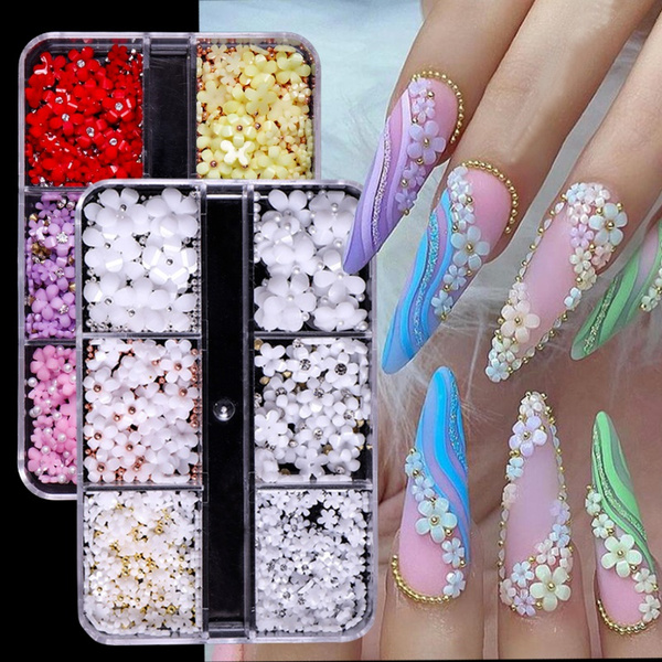 6 Grids 3D White Acrylic Flower Nail Parts Mixed Steel Beads Charms ...