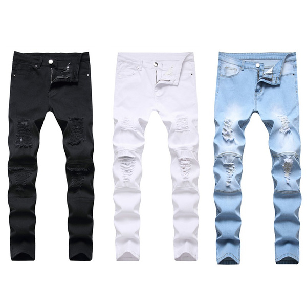 Men's Skinny Holes Ripped Straight Hip Hop Biker Stretchy Jeans | Wish