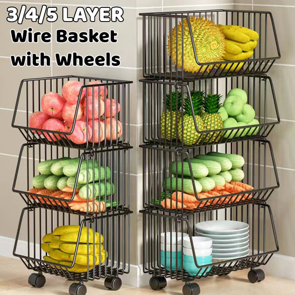 Metal Wire Basket with Wheels, Stackable Rolling Fruit Basket Storage ...