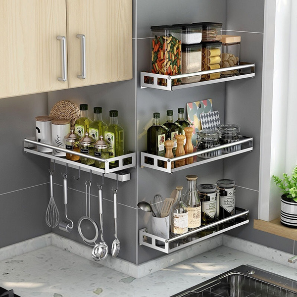 Kitchen Organizer Wall Mounted Basket Hanging Spice Rack Metal Space ...