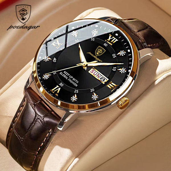 POEDAGAR Men Watch Leather Strap Top Quailty Luxury Quartz Analog Clock ...