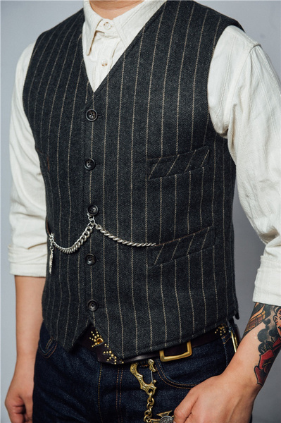 Men's Striped Suit Vest Tweed Herringbone Retro Sleeveless Slim ...