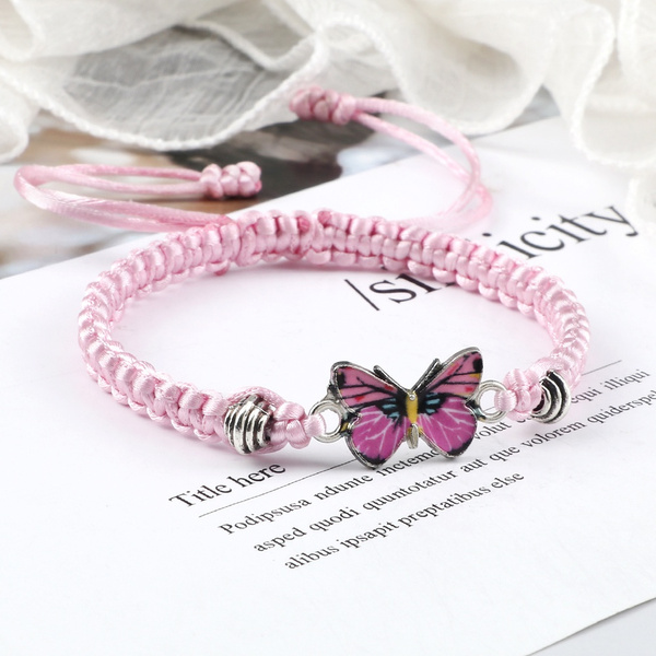 Handmade Pink Butterfly Braided Rope Bracelet Charm Healing Couple ... Handmade Pink Butterfly Braided Rope Bracelet Charm Healing Couple ...