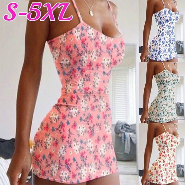 New Summer Spaghetti Strap Dress Printed Camisole Sexy Low Neck Dress