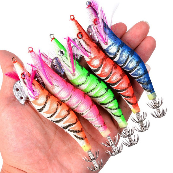 1 Piece Fishing Lures Luminous Egi Squid Jig Hook Wooden Shrimp ...