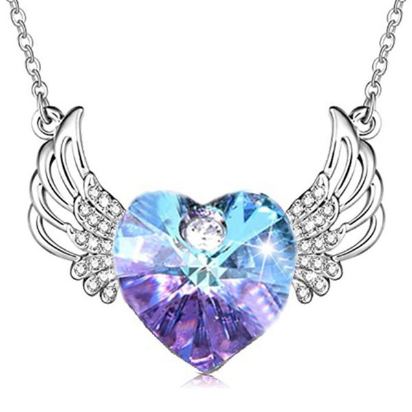 Luxury Fashion Women's Diamond Wings Heart Crystal Necklace Angel Wings ...