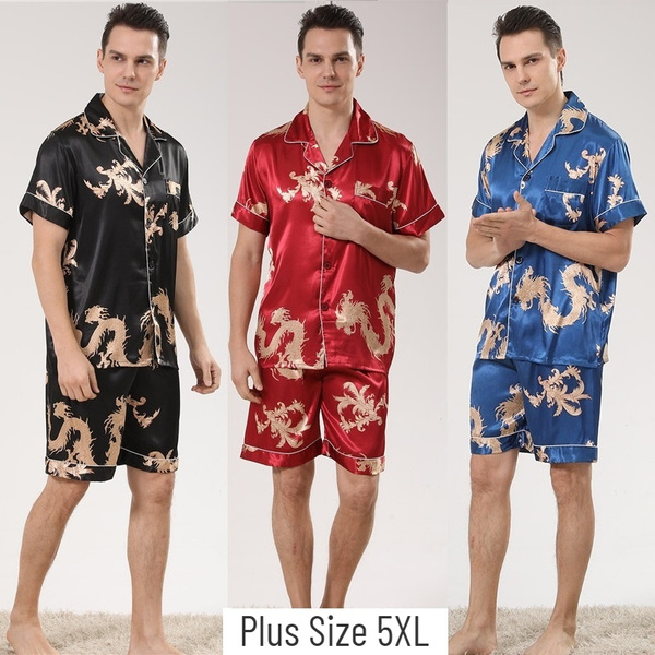 Plus Size 5XL Summer Fashion Mens Short Sleeve Silk Pajamas Set Noble ...