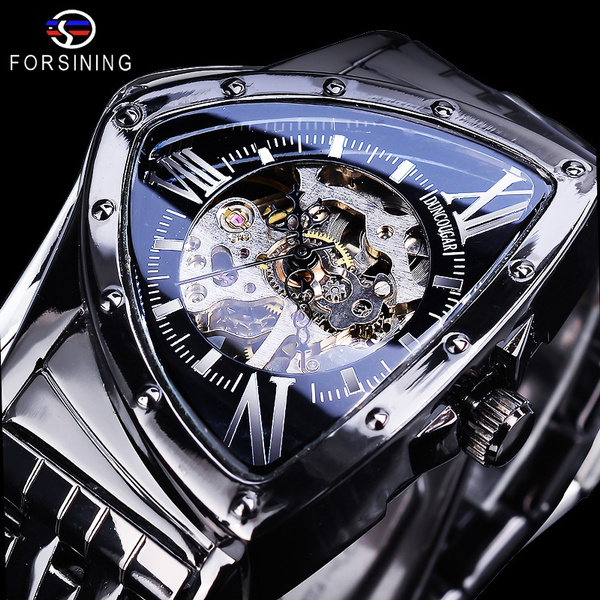 Mechanical Triangle Automatic Skeleton Black Watch Stainless Steel Men ...