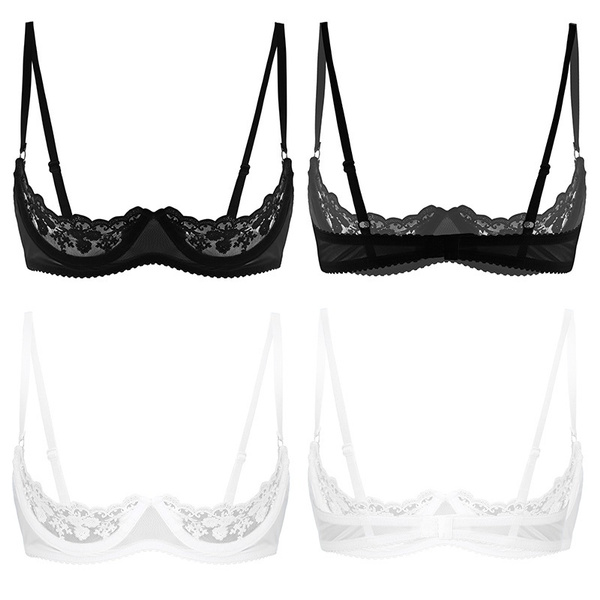 Womens 1 2 Cup Lace Bra Balconette Mesh Underwired Demi Shelf Bra