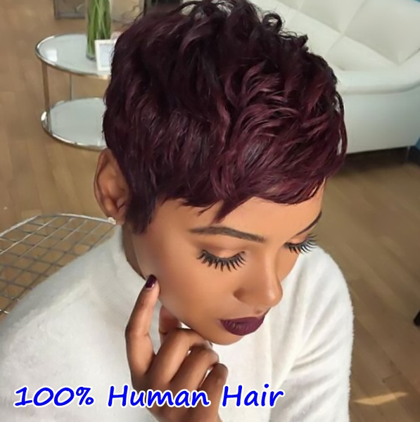 100% Human Hair Wigs Burgundy Black Wigs Pixie Cut Short Wave Wig ...