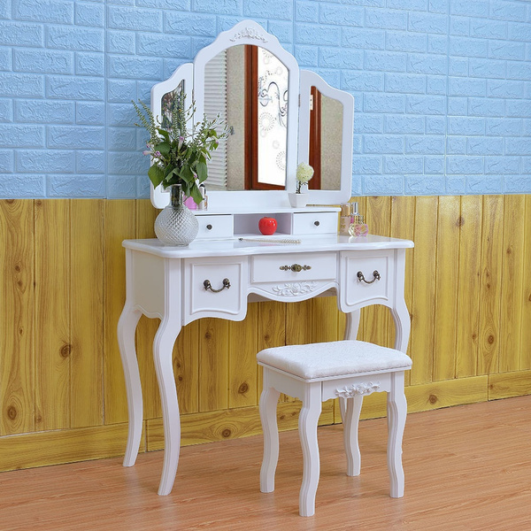 UPGRADED Makeup Vanity Table Set Tri Folding Mirror Dressing Table with ...