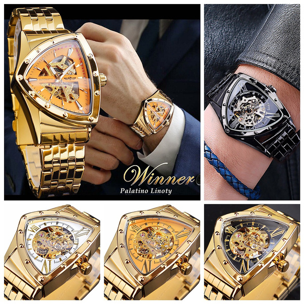 Men Skeleton Automatic Mechanical Watch Gold Vintage Man Watch Triangle ...