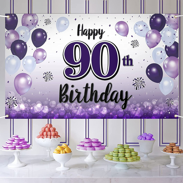 Happy 90th Birthday Purple Large Banner - Cheers To Ninety Years Old Birthday Home Wall ...