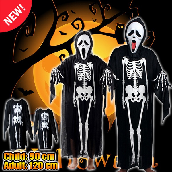 New Halloween Ghost Skeleton Cosplay Costume Skull Cloak Zombie Clothes ...