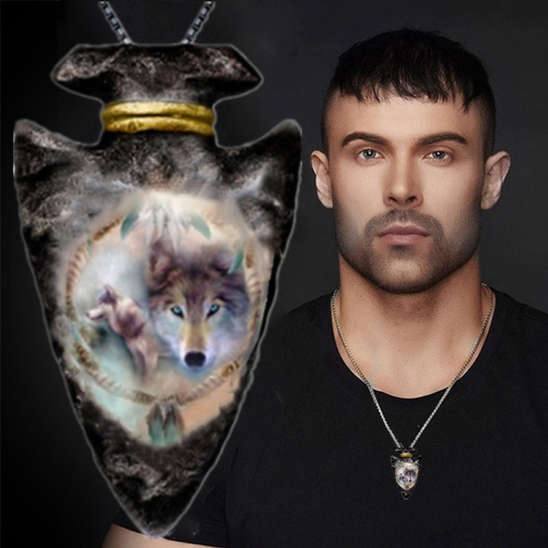 Fashion Creative Men's Wolf Necklace Indian Triangle Totem Animal Wolf ...