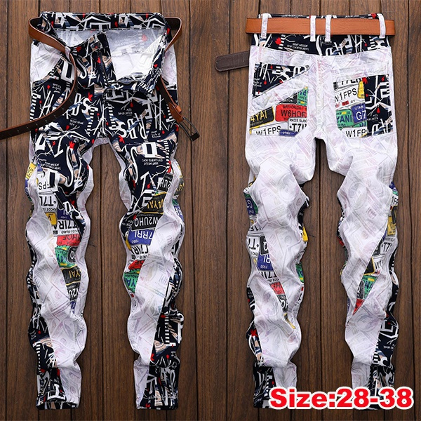 New Men's Trendy Digital Printed Jeans Slim-fit Stretch Jeans Straight ...