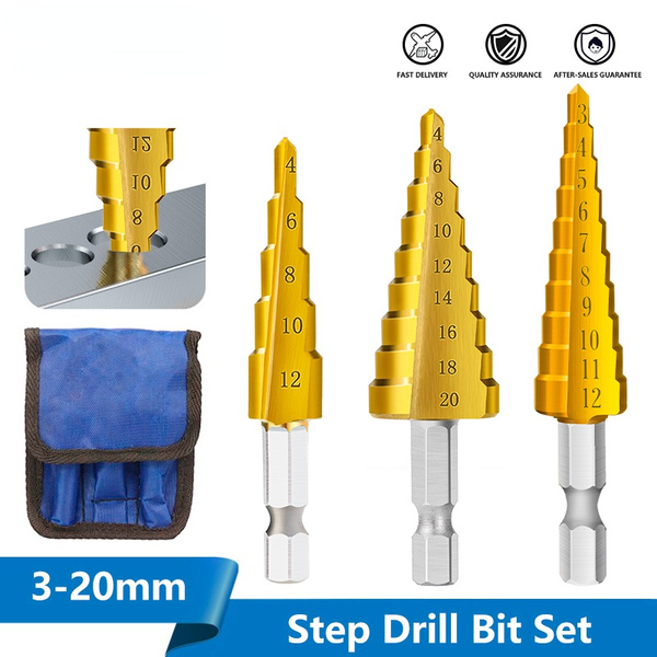 HSS Step Drill Bit Set 3pcs 3-12mm 4-12mm 4-20mm TiN Coated Wood Metal Hole Cutter Cone Stepped ...