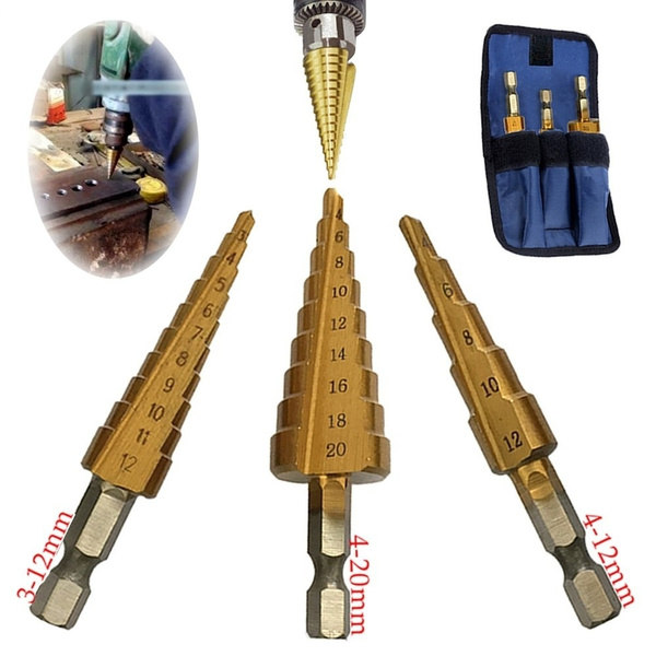 3X HSS Step Cone Drill Titanium Coated Hole Cutter Bit Set 3-12 4-12/20 ...