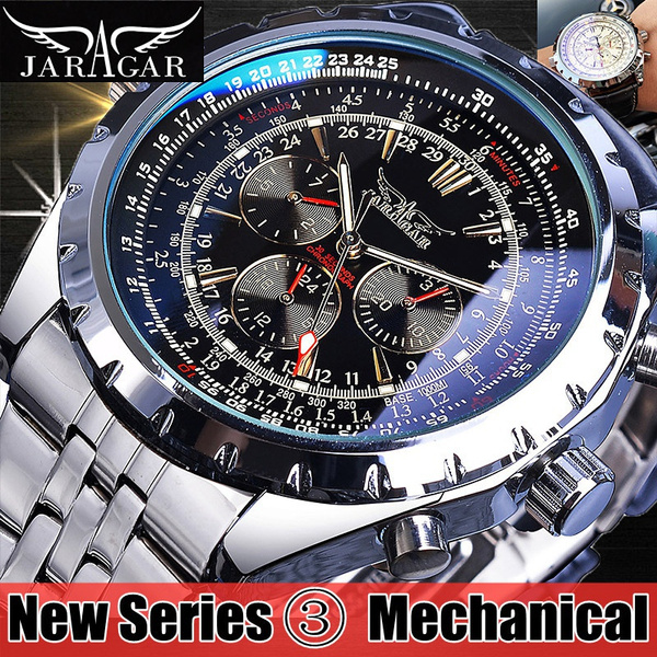Jaragar Pilot Military Series Three Dial Display Mens Mechanical Watch Luminous Hands Men ...