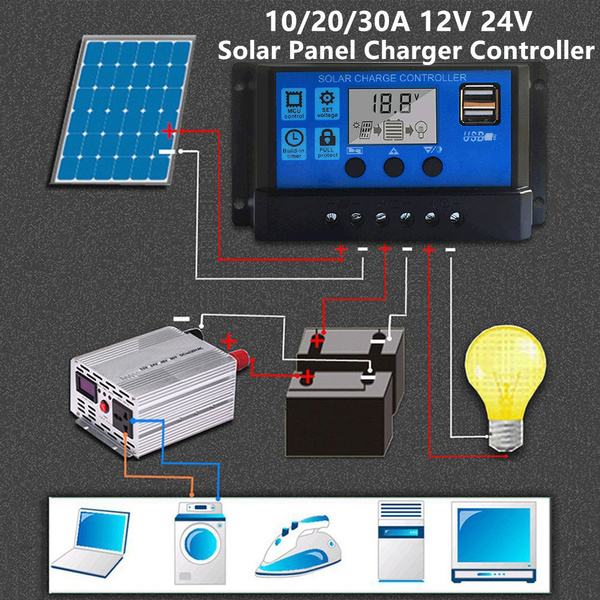 10/20/30A Solar Charge Controller Solar Panel Controller 12V/24V Adjustable LCD Display Solar ...