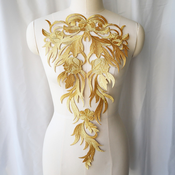 Large Embroidery Baroque Gold Flower Applique Fabric Collar Sew Iron ...