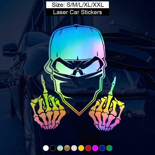 1PC Creative Car Stickers Skull Middle Finger Reflective Vinyl Decal ...