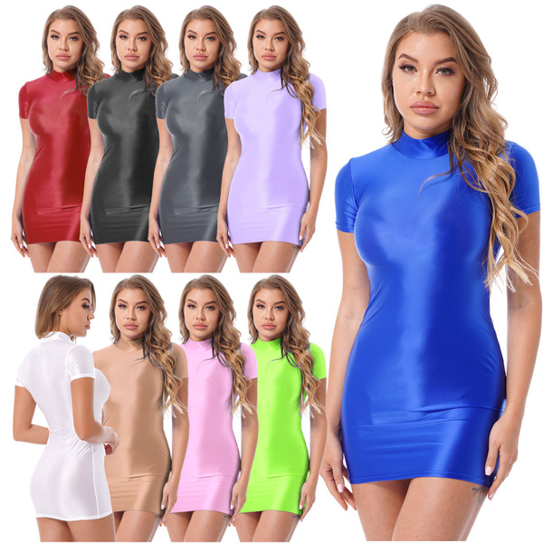 Womens Ice Silk Mini Dress Bandage Oil Glossy Dress Sexy Tight Pencil ...