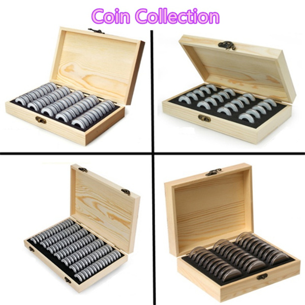Round Coins Holders Container Display Case Wooden Storage Box ...