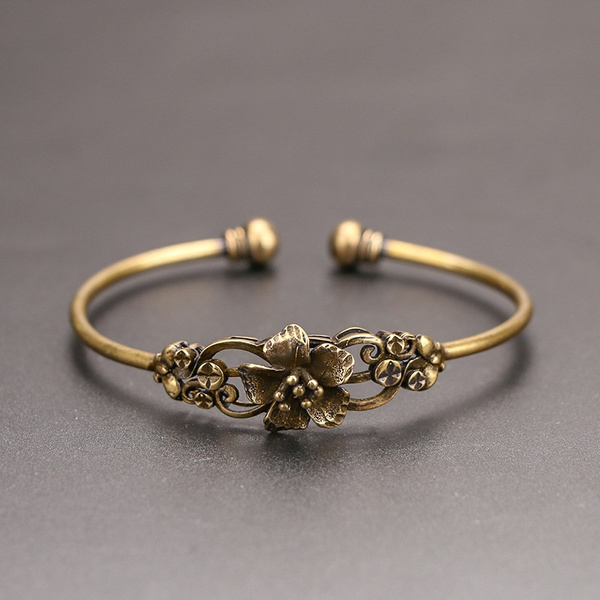 Retro Brass Flower Pattern Princess Bangle Classic Open Bracelet ...