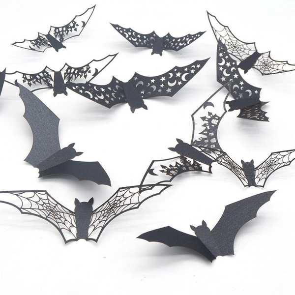 12pcs Halloween 3D Hollow Bat Wall Stickers Black Bat Sticker Room ...