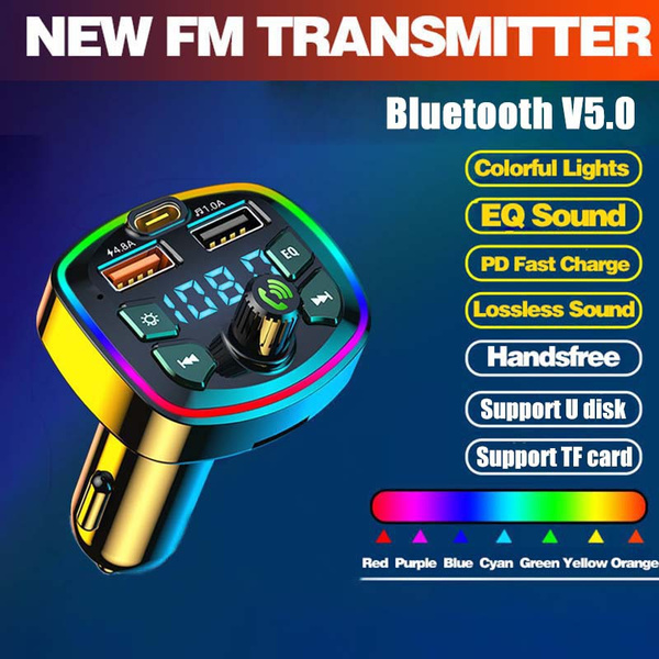 Car Bluetooth 5.0 FM Transmitter Dual USB Type-C Charger with Ambient ...