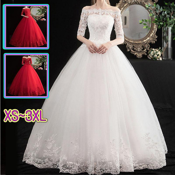 2020 New Red White Lace Wedding Dress Elegant Boat Neck Half Sleeve ...