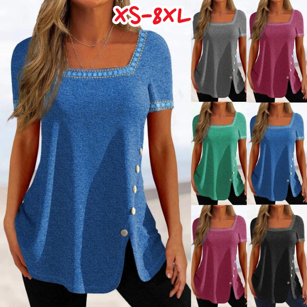 XS-8XL Women's Fashion Summer Clothes U-neck Short Sleeved Tops Ladies ...