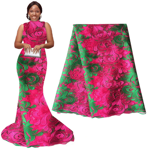Fushia Pink African Lace Fabric 5 Yards Embroidered Mesh Fabric Swiss ...