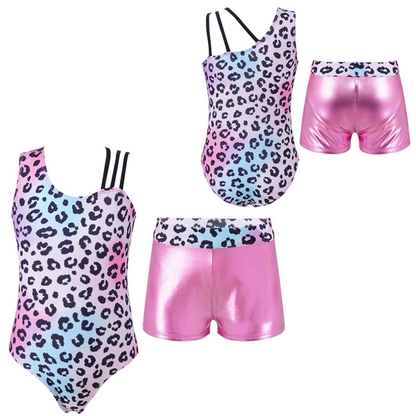 Kids Girls Sleeveless One Piece Dance Leotard and Boyshorts Gymnastics ...