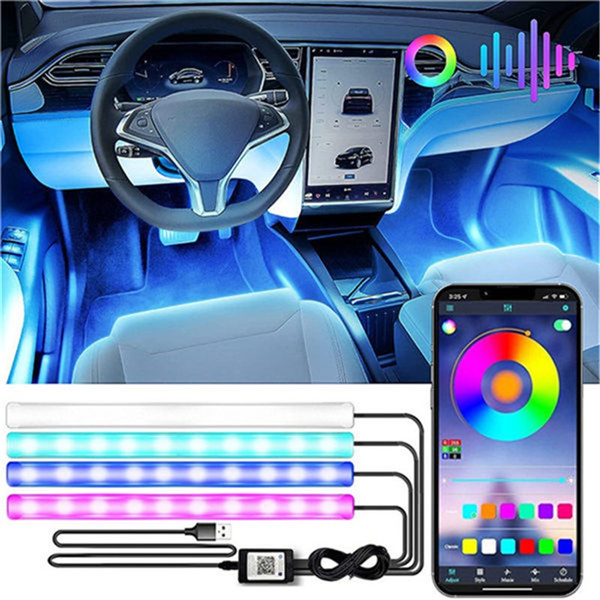 RGB Color Changing Interior Car Lights 12/24/48 LED Strip Lights APP ...