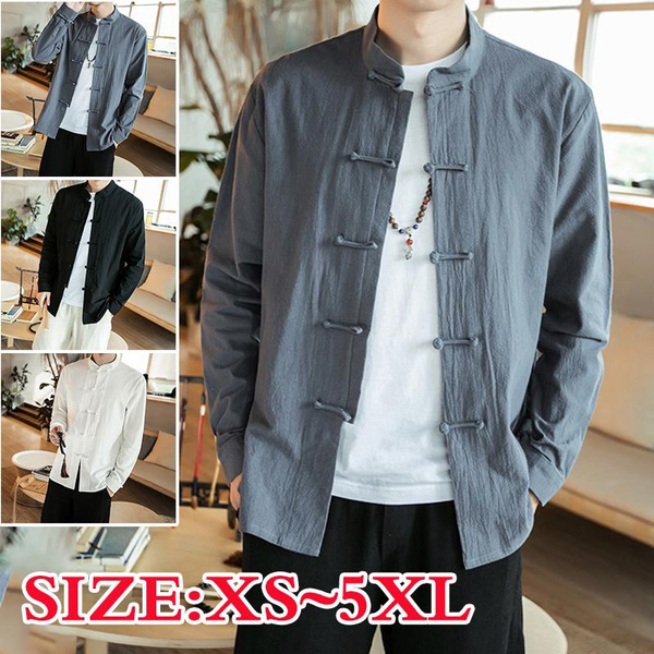 Chinese Style Men Shirt Button Stand Collar Long Sleeve Casual Loose ...