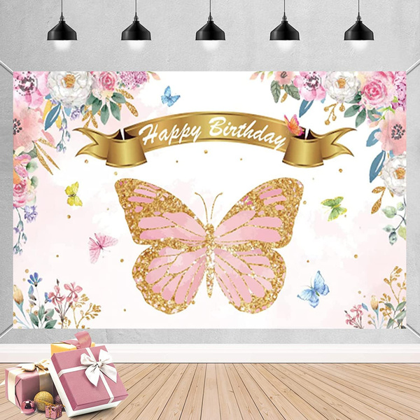 Butterfly Happy Birthday Party Backdrop Decorations Watercolor Girl ...