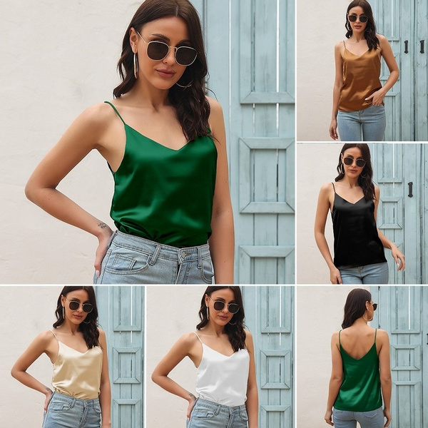 Summer Fashion V-Neck Sexy Solid Silk Satin Camis Tank Tops Women ...