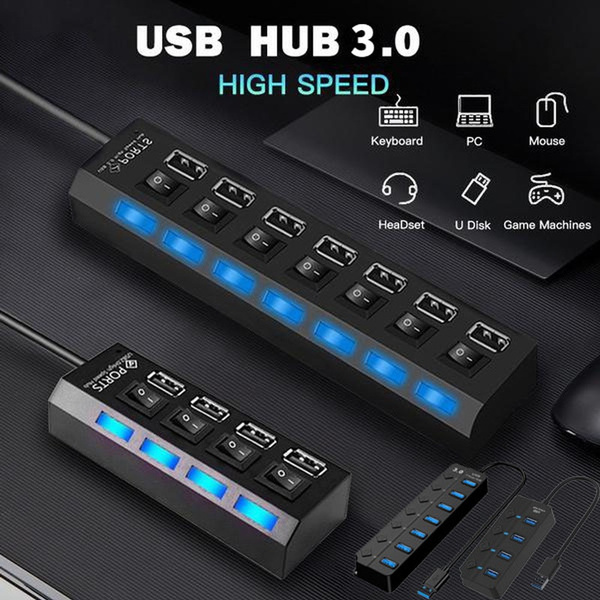 High Speed 7 Ports / 4 Ports LED USB 3.0/2.0 Adapter Hub Multi-Port Socket Powered ON/OFF Switch ...