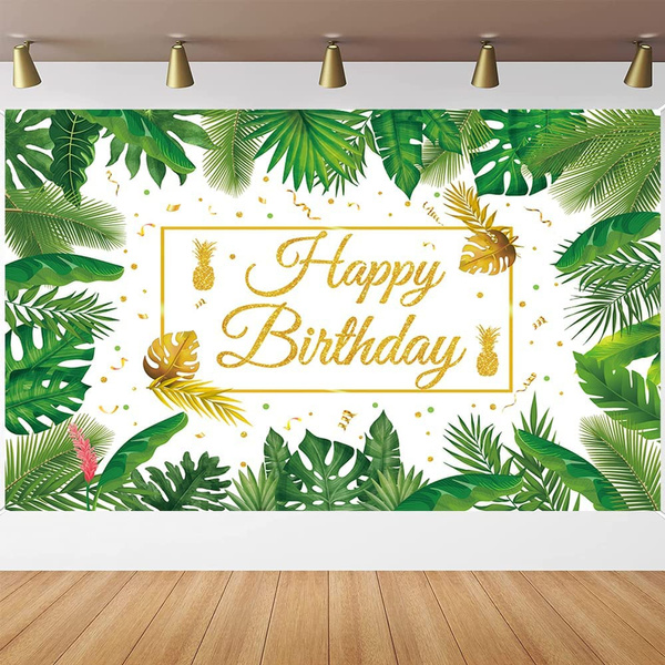 Jungle Green Gold Leaves Birthday Party Backdrop Palm Happy Birthday ...