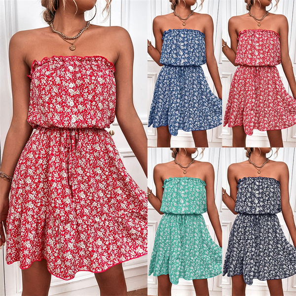 Women Summer Strapless Dress Off Shoulder Dress Beach Casual Strapless ...