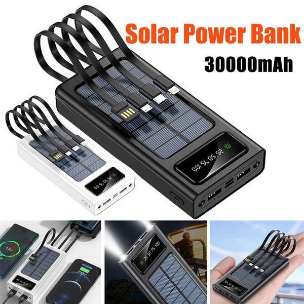 30000mAh Portable Solar Power Bank Built Cables Solar Charger 2 USB ...