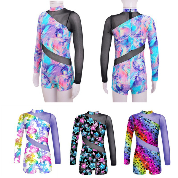 Kids Girls Long Sleeves Gymnastic Leotard Ballet Dance Biketard Short ...