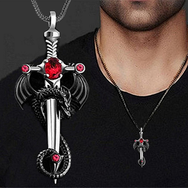 Luxury Fashion Men's Sapphire Dragon Sword Necklace Black Dragon ...