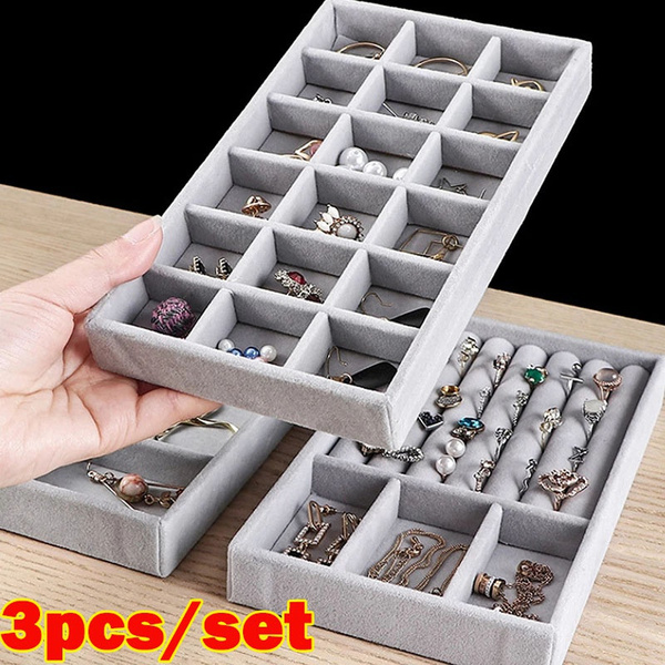 3Pcs/set Jewelry Storage Tray Velvet Ring Necklace Display Organizer ...