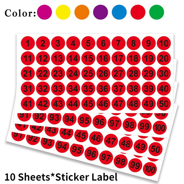 10 Sheets/pack Numbered Sticker Labels 1 to 100 Number Office Storage ...