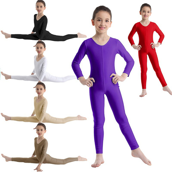 Kids Little Girls Long Sleeve Full Body Unitard Leotard Jumpsuit Dance ...