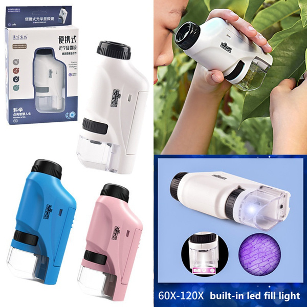 Kids Pocket Microscope 60X-120X Handheld Magnification Lens with LED ...